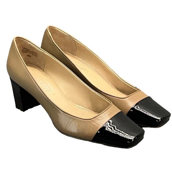 Talbots | Shoes | Talbots Claire Tan Leather Black Cap Toe Block Heel ...